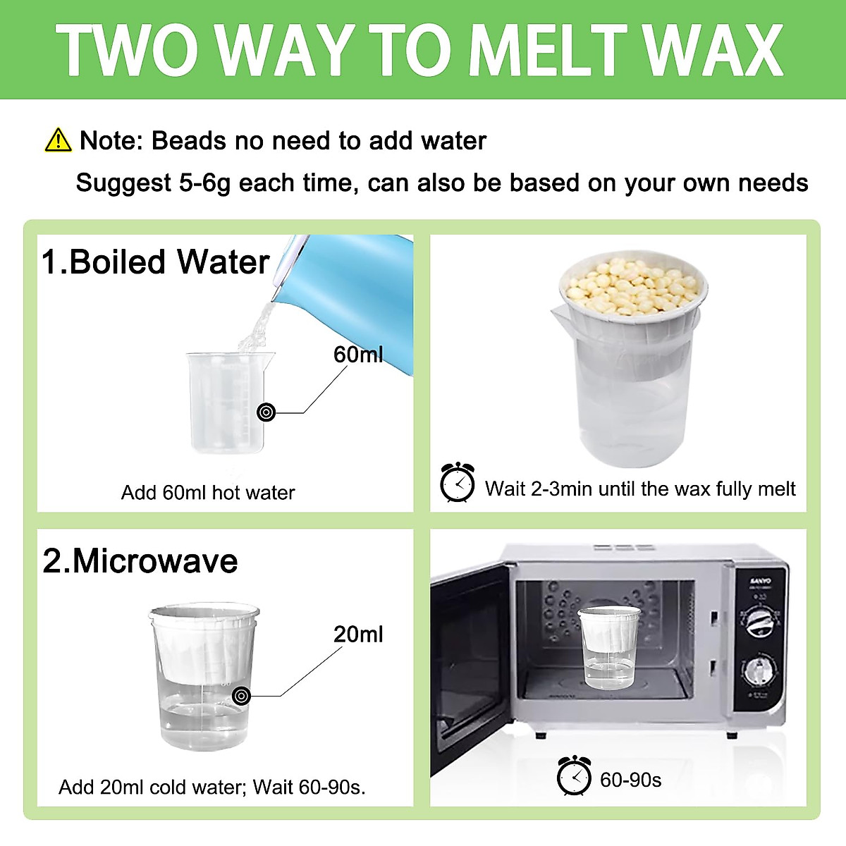 Nose and Ear Hair Waxing Kit - Hair Removal Set for Men and Women with 50g Wax Beads, 20 Applicators, 10 Paper Cups, and 10 Mustache Guards