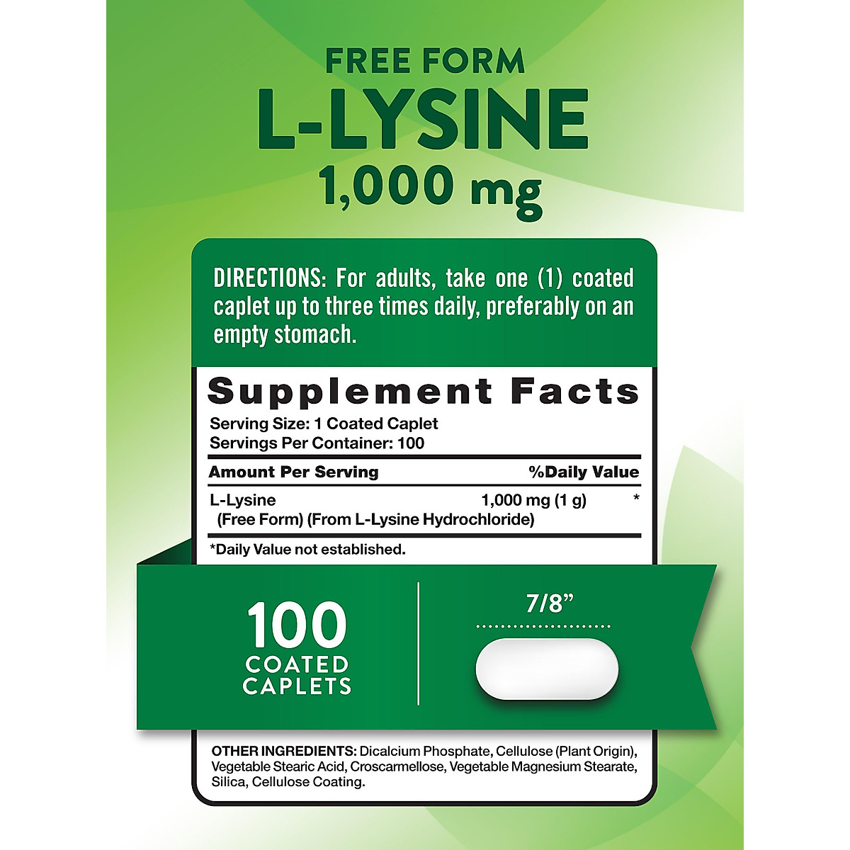 Nature's Truth L Lysine 1000mg | 100 Coated Caplets | Free Form | Vegetarian, Non-GMO, & Gluten Free Supplement