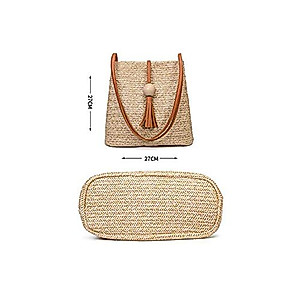 COPYLOVE Handle Straw Bag, Women's Summer Bucket Bag Shoulder Straw Wooden Ball Fringe Messenger Bag Hot (#2)