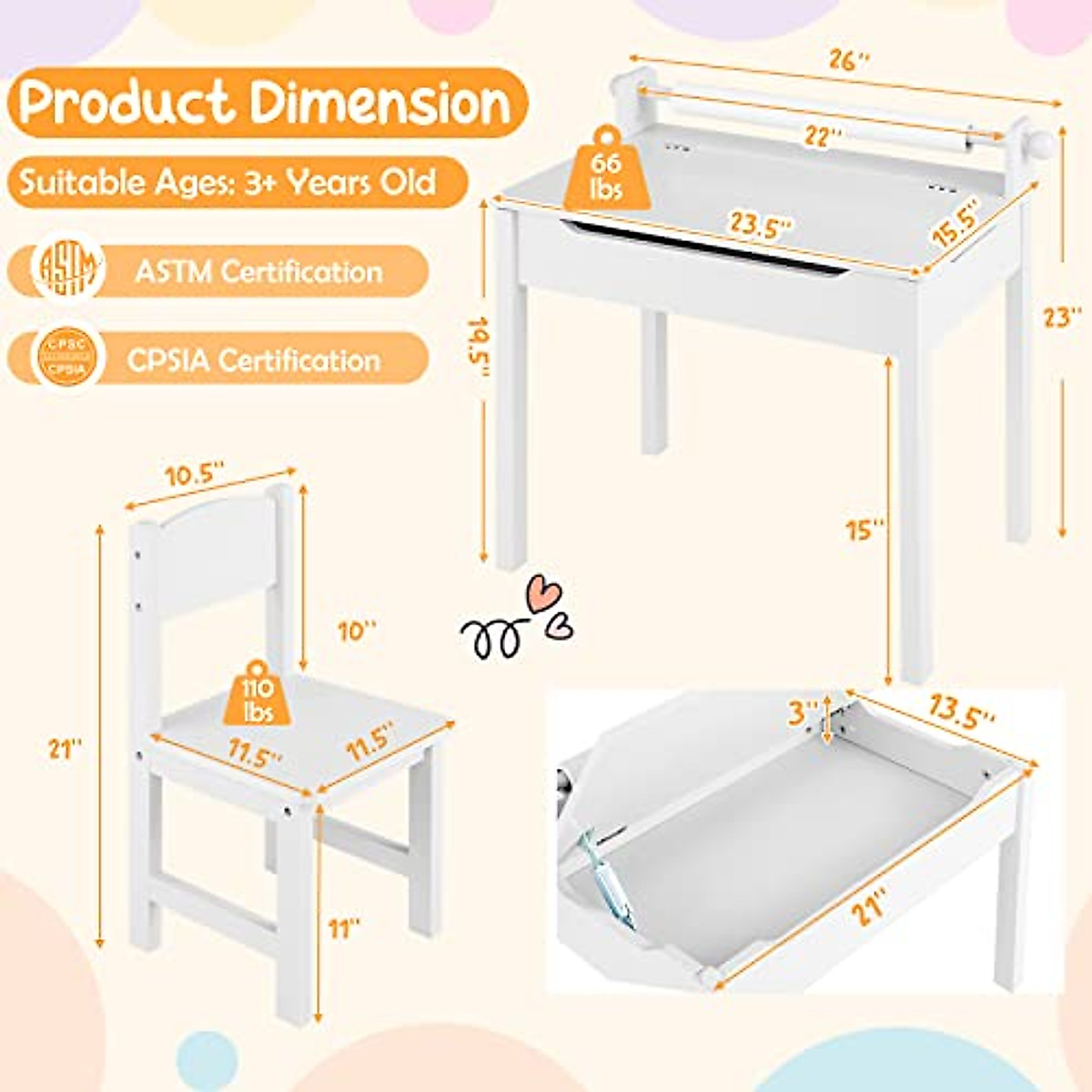 Costzon Kids Table and Chair Set, Flip Top Kids Art Craft Table w/Chair for Playroom Kindergarten, Toddler Drawing Writing Desk Set w/Paper Roll & 2 Markers, Gift for Boys Girls Ages 3+ (White)
