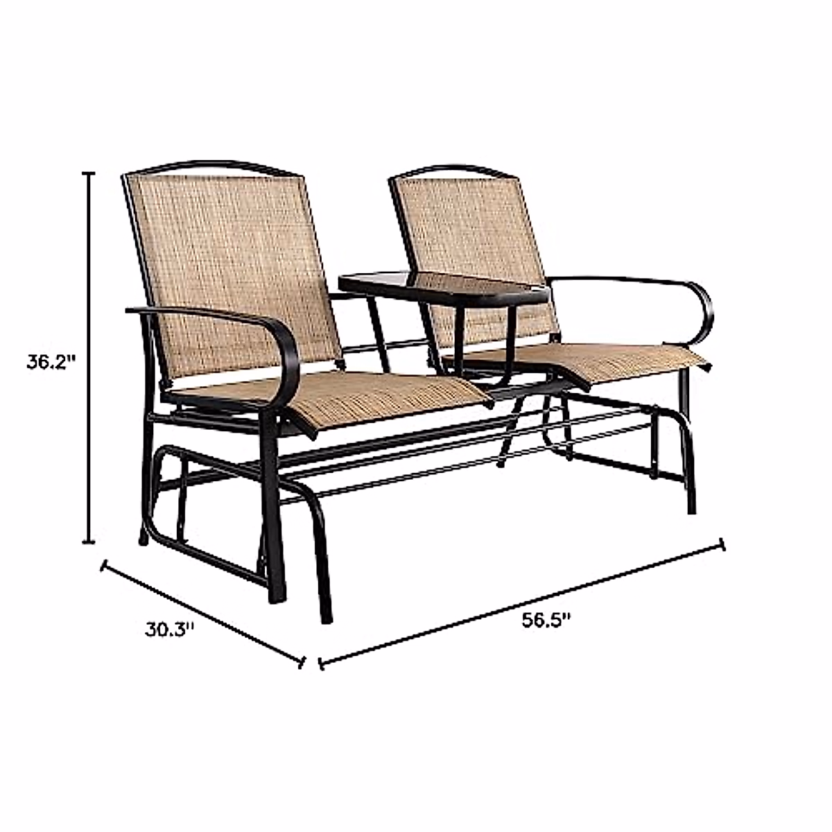 Amazon Basics 2-Person Outdoor Patio Textilene Glider Chair with Tempered Glass Table, 30.3"D x 56.5"W x 36.2"H, Brown