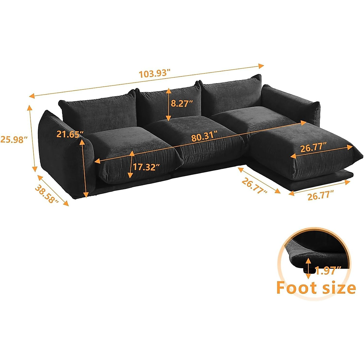 JACH103 L-Shaped Sectional Sofa, Minimalist Chenille Modular Sofas Couches, Luxury Modern 4-Seat Couch Sectionals with Reversible Chaise Ottoman for Living Room Bedroom Office Apartment (Black)