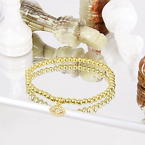 MEPLUS FASHION Evil Eye Charm Bracelets for Women Gold Silver Stainless Steel 4mm Bead Ball Stretchable Elastic Bracelet