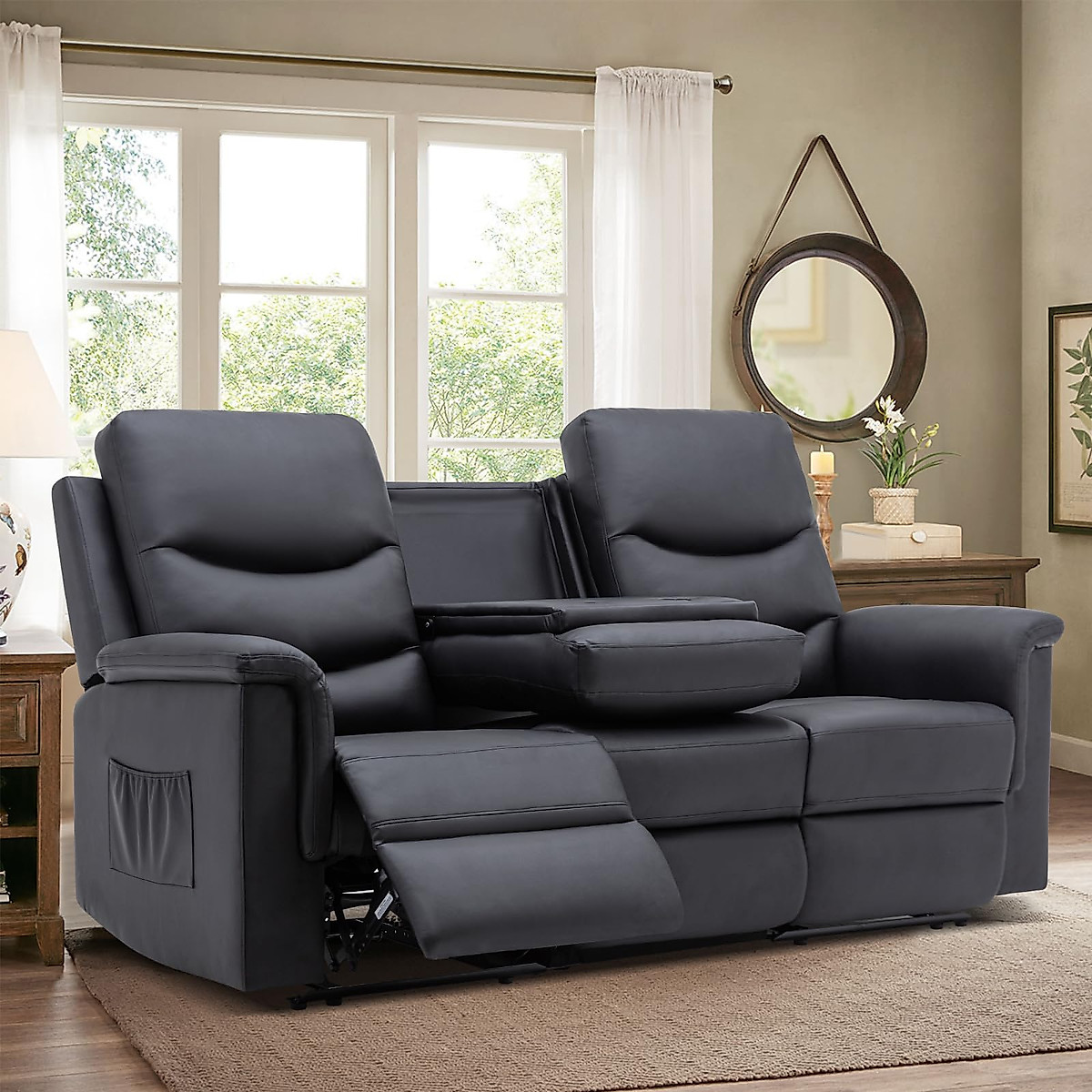 Consofa Reclining Sofa, Recliner Sofa 3 Seater with Flipped Middle Backrest,Cup Holder, Wall Hugger Sofa Recliners, Manual Reclining Couch for Living Room, RV Home Theater Seating