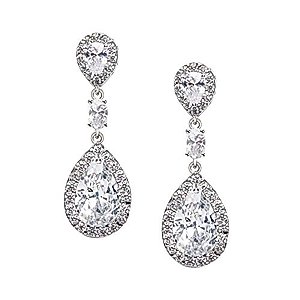 SWEETV Teardrop Wedding Bridal Earrings for Bridesmaids, Brides- Crystal Cubic Zirconia Rhinestones Dangle Earrings for Women, Prom Bridal Wedding Jewelry, Silver