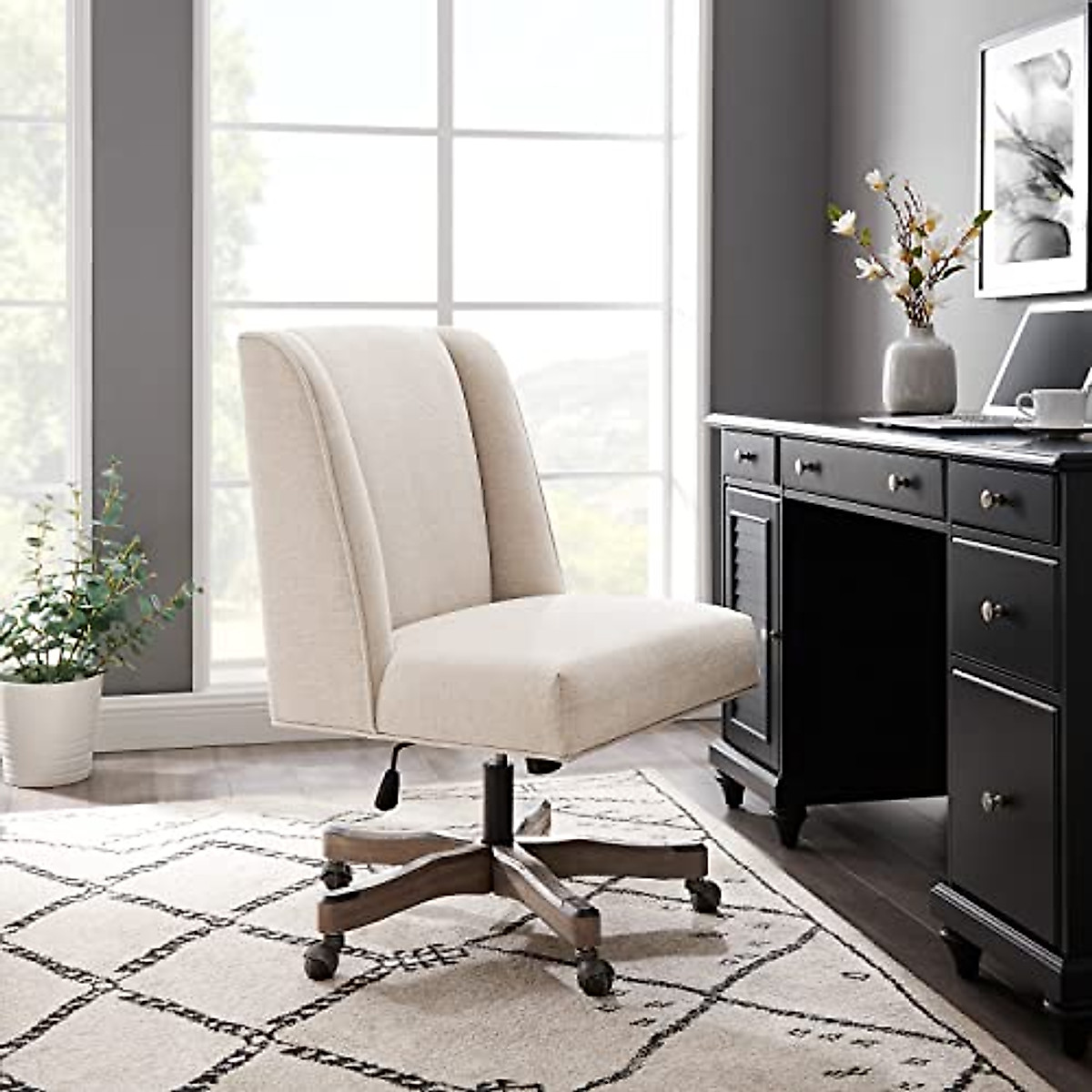 Linon Natural Linen Upholstered Swivel Wooden Base Clayton Office Chair