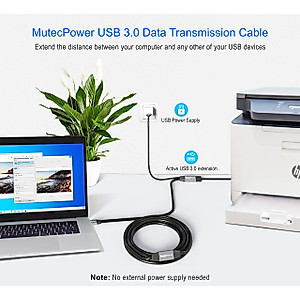 MutecPower 50 Feet Active USB 3.0 Male to Female Extension Cable USB A Repeater Extender Cord with 2 boosters & USB Power Supply - Black 15m – Compatible with Laptops, Hard Drives, Xbox, PS4, VR etc