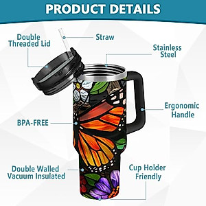 Bokkoy Big Orange Butterfly 40 oz/30 oz Tumbler with Handle and Straw Stainless Steel Tumbler with Lid Reusable Vacuum Insulated Cup