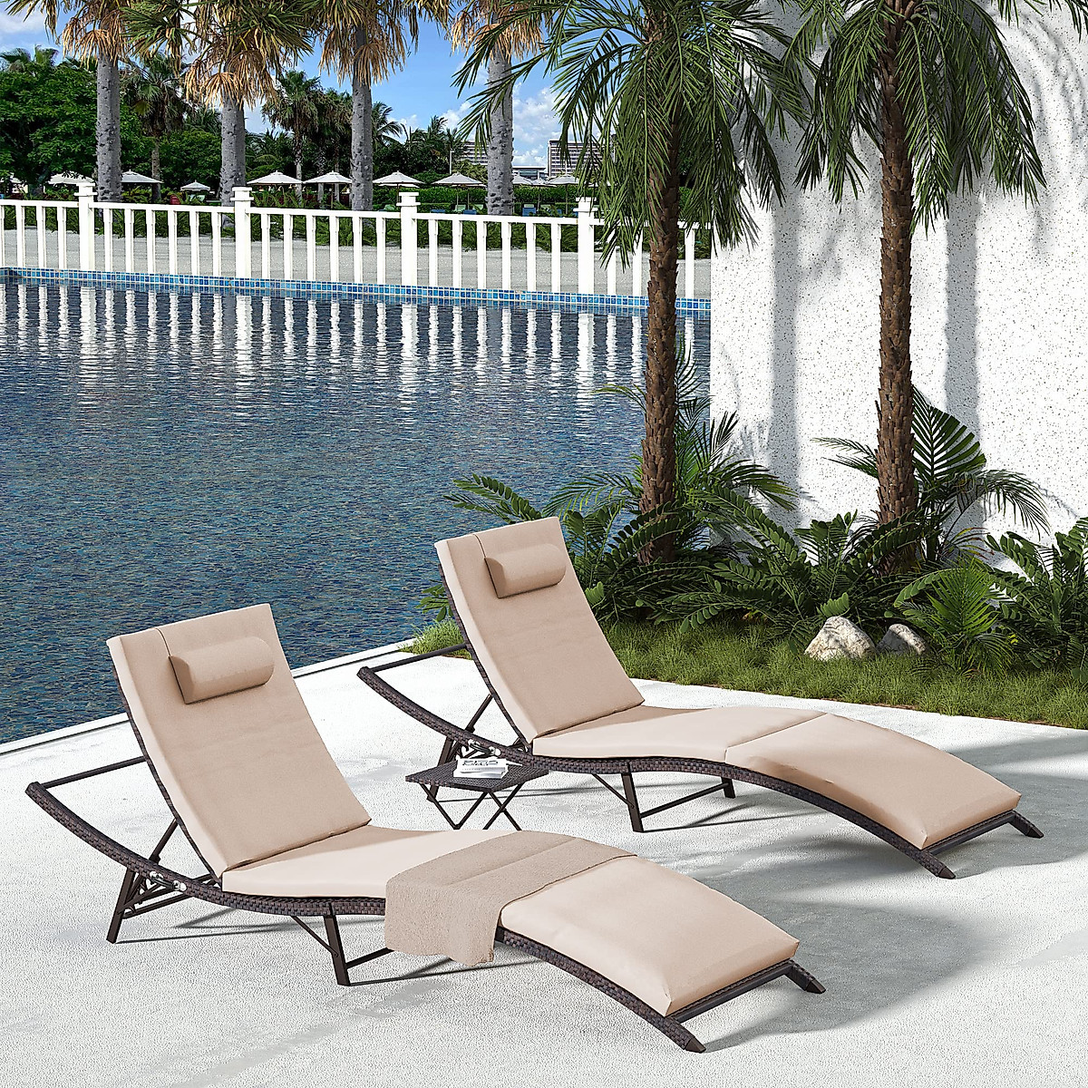 Gotland Patio Chaise Lounge Sets Outdoor Rattan Adjustable Back 3 Pieces Cushioned Patio Folding Chaise Lounge with Folding Table