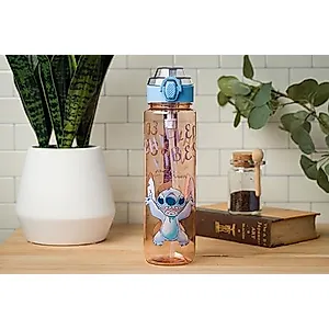 Silver Buffalo Disney Lilo and Stitch Chilled Vibes Plastic Water Bottle with Locking Lid, Strap, and Straw, 33 Ounces