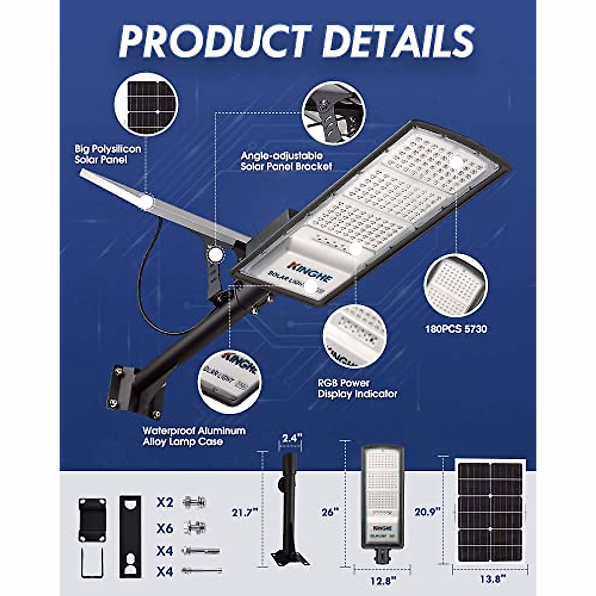 KingHe Solar Street Lights Outdoor Waterproof-30000 Lumen Solar Parking Lot Lights,Security Flood Lights with Motion Sensor Control for Yard, Path, Garage, Home,Dusk to Dawn, Commercial Grade