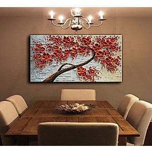 YaSheng Art - hand-painted Oil Painting On Canvas Texture Palette Knife Red Flowers Paintings Modern Home Decor Wall Art Painting Colorful 3D Flowers Tree Paintings Ready to hang 24x48inch
