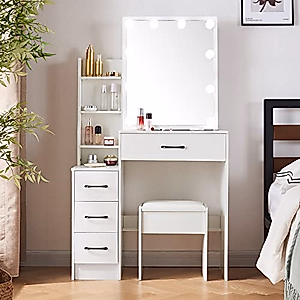 Jarbalai Makeup Vanity Dressing Table with Lighted Mirror and Drawers, Vanity Set Makeup Desk Dresser with Stool for Bedroom,White