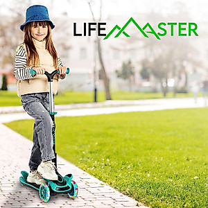 Kids Scooter – Foldable Seat – LED Wheel Lights Illuminate When Rolling – Children and Toddler 3 Wheel Kick Scooter – Adjustable Handlebar – Indoor and Outdoor- Pink - by Lifemaster