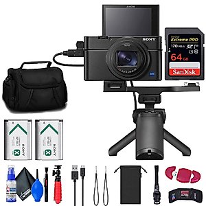 Sony Cyber-Shot DSC-RX100 VII Digital Camera with Shooting Grip Kit (DSC-RX100M7G) + 64GB Memory Card + Case + Card Reader + Flex Tripod + Memory Wallet + Cleaning Kit (Renewed)