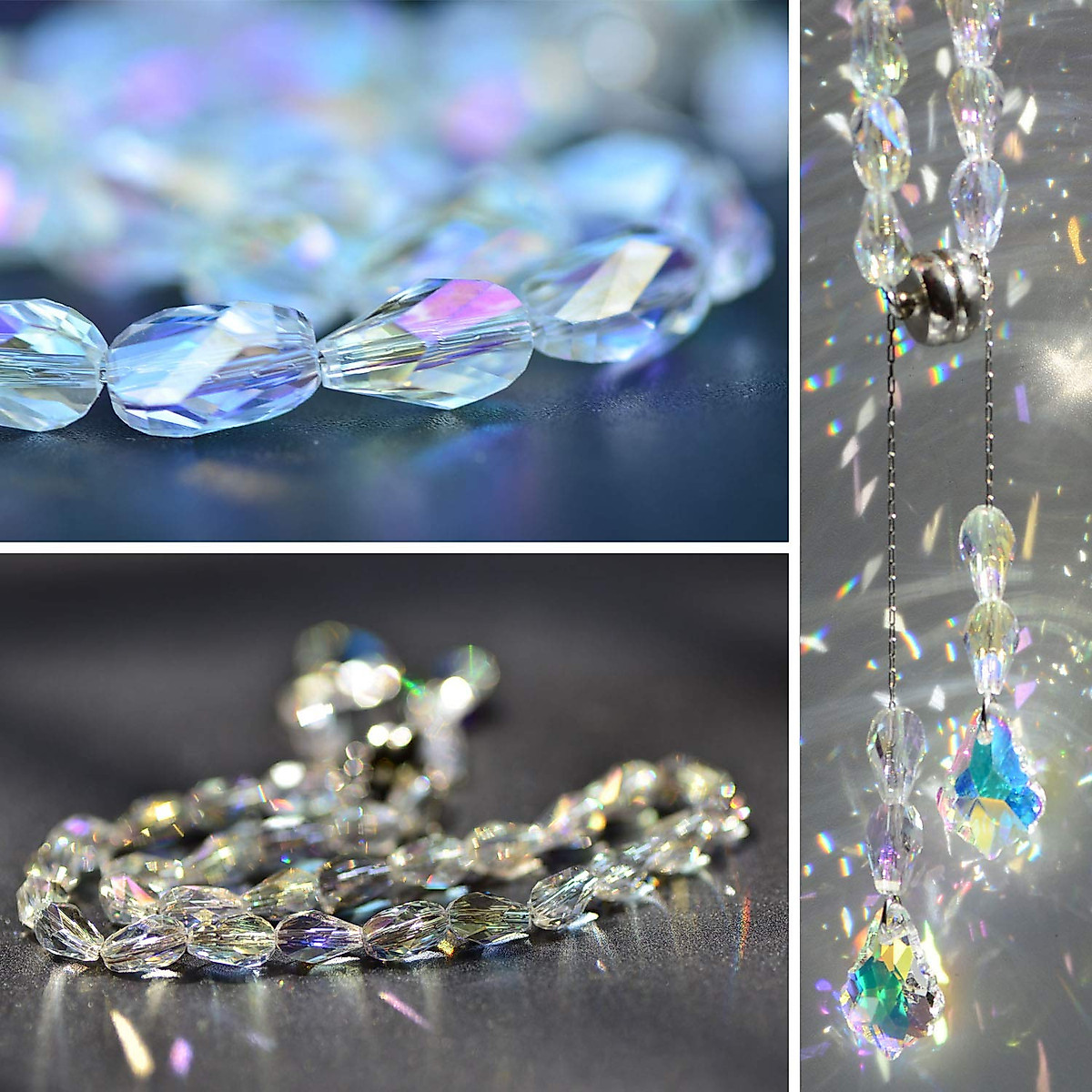 Magnetic Curtain Tiebacks,Crystal Beads Rope Drapery Holdbacks Holder for Small,Thin or Sheer Window Draperies,12 Inch Long,2 Pack (White)