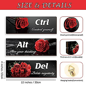 3 Pcs Red Wall Decor Red Roses Office Decor Inspirational Flower Wooden Wall Art Red Decor with Positive Quotes Ctrl Alt Del for Girl Women Office Bedroom Bathroom Living Room (Red Rose12 x 4 Inch)