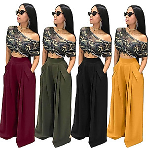 NRTHYE Womens Palazzo Long Pants High Waist Wide Leg Stretchy Loose Fit Casual Trousers with Pocket