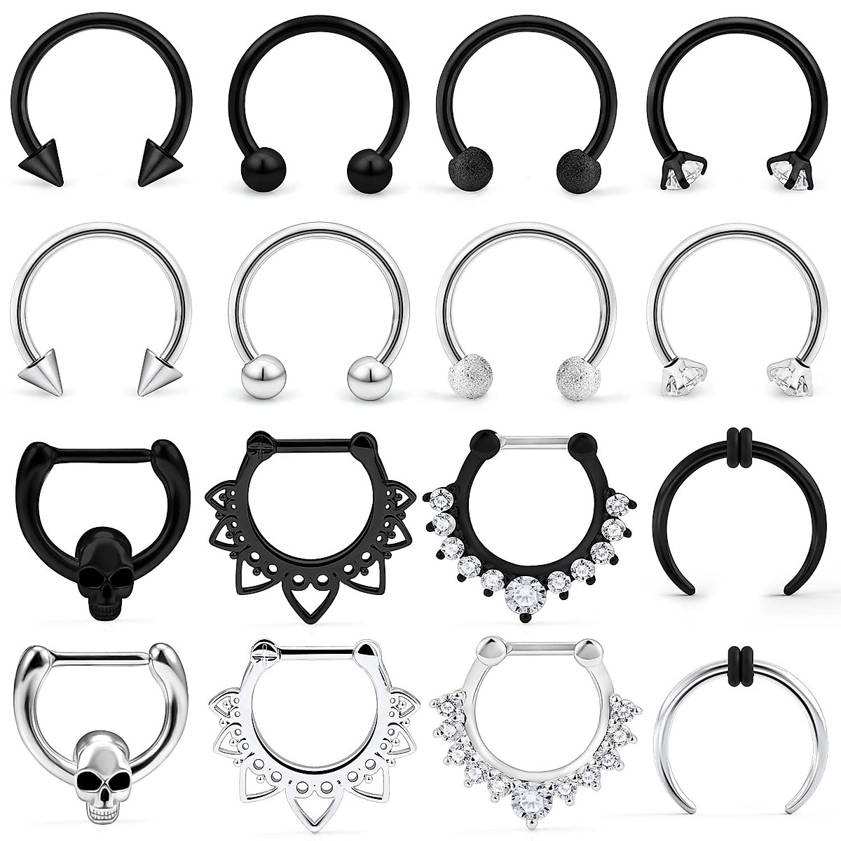Hoeudjo Septum Clicker Rings 16G Surgical Steel Nose Hoop Rings Retainer Body Piercing Jewelry with Clear CZ Women Men Skull Daith Helix Tragus Lip Cartilage Earrings 16 Pieces Silver Black