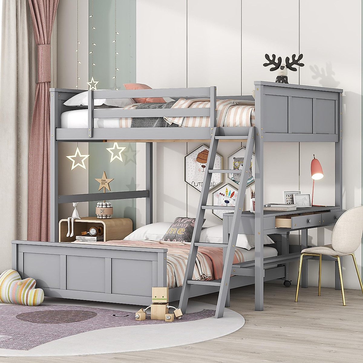 Full Over Full Loft Bed with Desk and Storage Drawers, Wood Bunk Loft Bunk Bed for Kids, Can Be Separated into A Full Size Platform Bed Frame and A Loft Bed for Girls Boys Teens, Gray