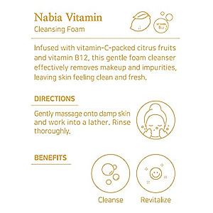 Nabia Plant-based Natural Face Wash with Vitamin C: Gentle and Clean Revitalizing Cleanser, 5.07 Fl Oz