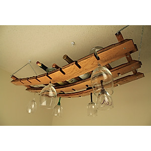 Hanging wine bottle and glass rack made from oak wine barrel staves