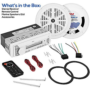 Pyle Bluetooth Marine Receiver Stereo & Speaker Kit - 300W Single DIN Boat Marine Head Unit, Mic, Hands-Free Calling, AUX, MP3/USB/SD, AM/FM Radio, Remote Control - PLMRKT49WT (White)