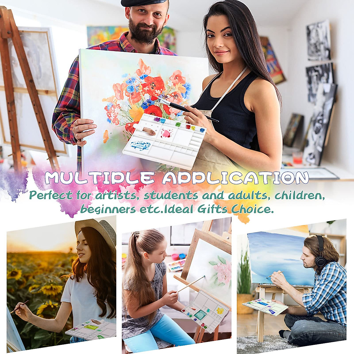 Junreox Watercolor Palette, Large Watercolor Palette with 24 Wells and 5 Mixing Areas, Premium Paint Pallet with Lid, Folding Paint Tray, Plastic Painting Palette with Thumbhole