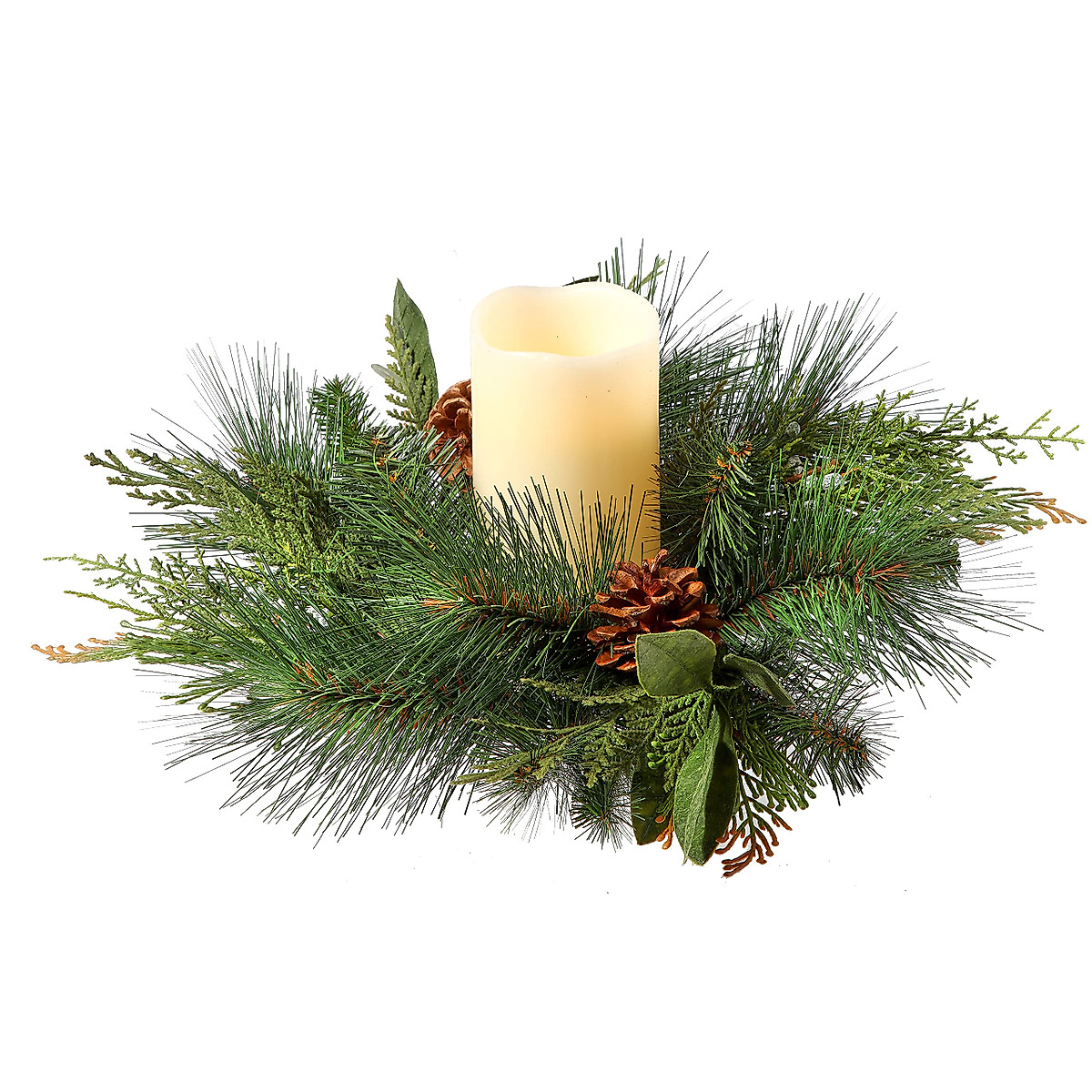12 Inch Artificial Juniper and Cedar Christmas Candle Ring with Bay Leaves and Pine Cones for Pillar Candles