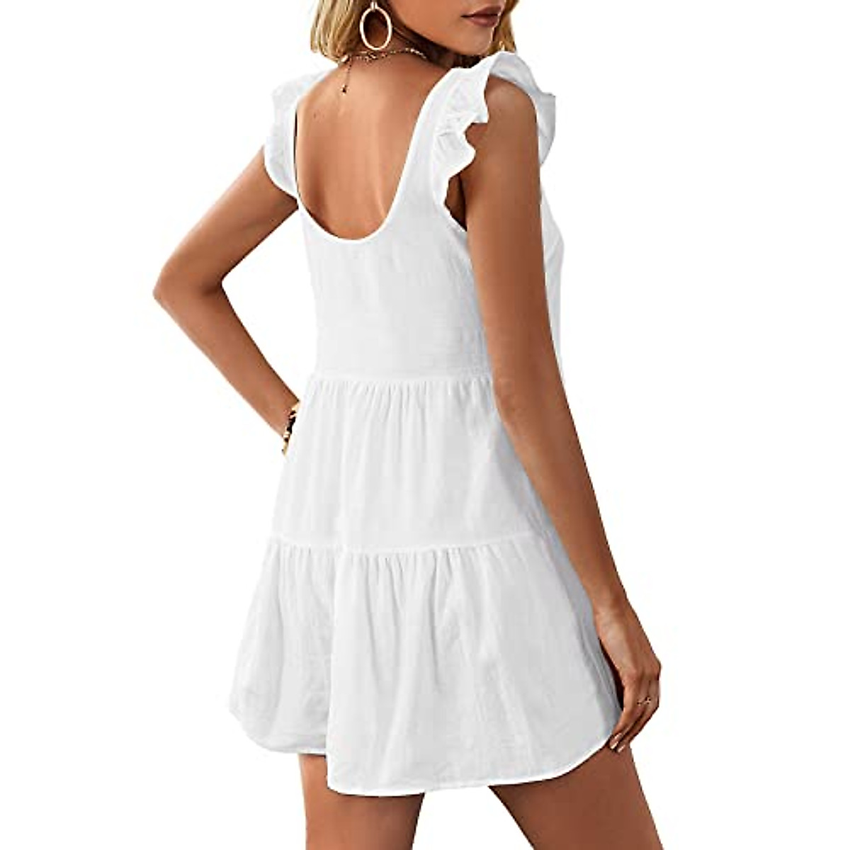 Umenlele Women's Summer Tiered Ruffle Hem Cap Sleeve Short Jumpsuit Romper White Medium