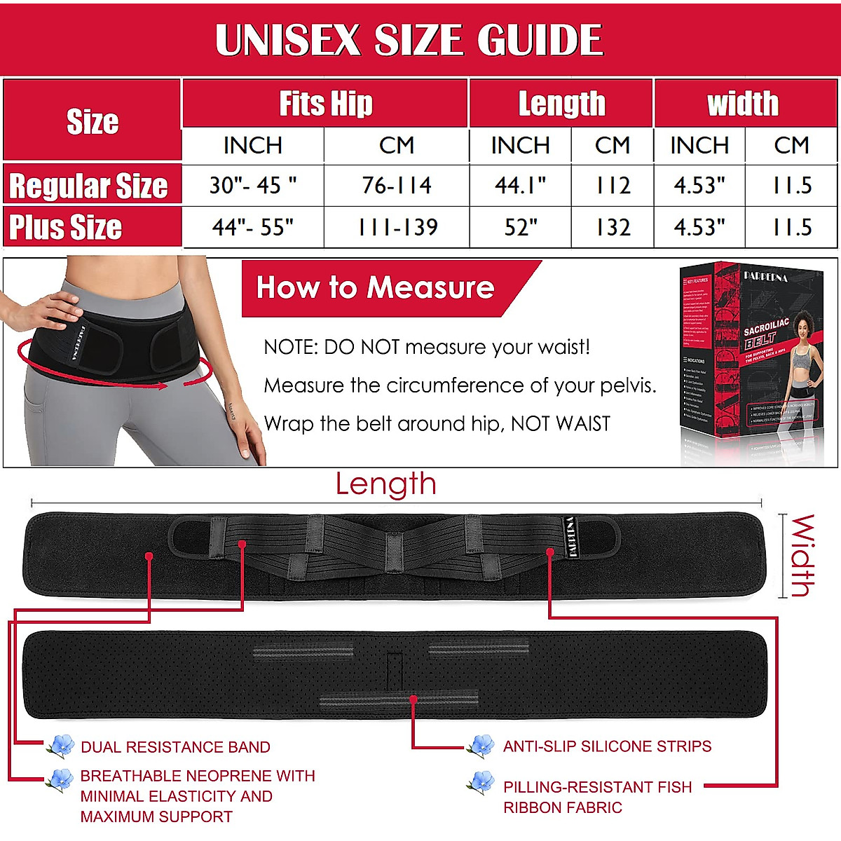 Sacroiliac SI Joint Hip Belt - Lower Back Support Brace for Men Women - Hip Braces for Hip Pain - Pelvic Support Belt - Trochanter Belt - Adjustable Sciatica Pelvis Lumbar Pain Relief ,REGULAR (Hip Size 30"-45")