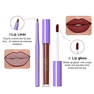 Easilydays 2 Pcs Halloween Dark Matte Liquid Lipstick + Lip Liner Pens Sets, 8 Colors High Pigmented Goth Sexy & Bold Lip Gloss, 24H Waterproof Long-lasting Matte Lipstick , Non-Stick Cup Velvety Lip Makeup for Women (Purple)