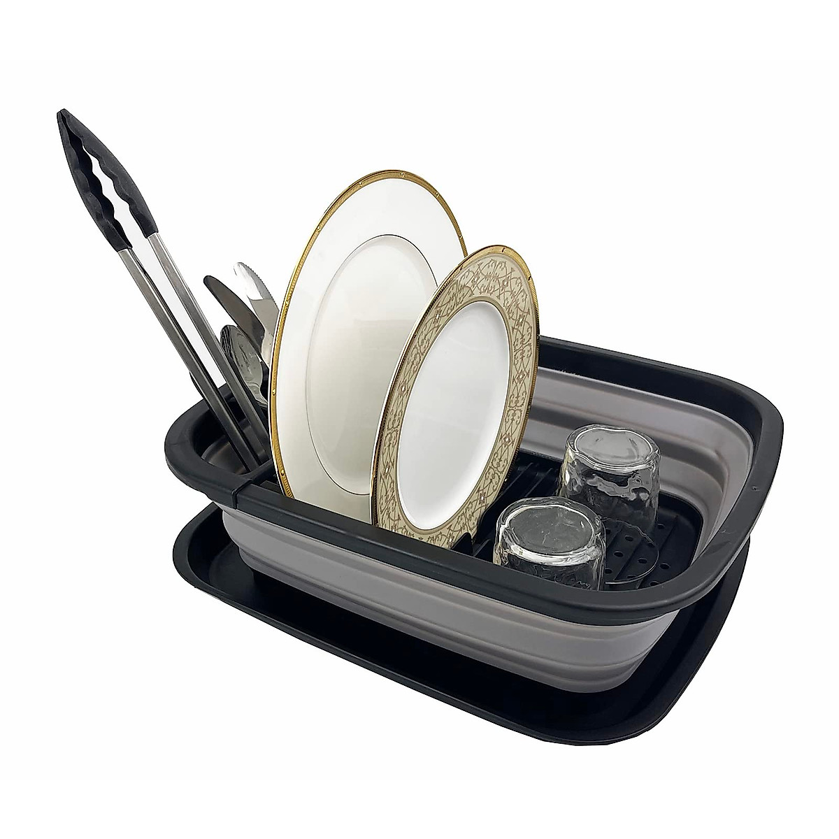 SAMMART 8L (2.11Gallons) Collapsible Dish Drainer with Drainer Board - Foldable Drying Rack Set - Portable Dinnerware Organizer - Space Saving Kitchen Storage Tray (Black/Alloy Grey)