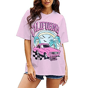 YIJIU Women's Oversized T Shirts Graphic Print Short Sleeve Loose Casual Summer Tees Tops,Pink,M