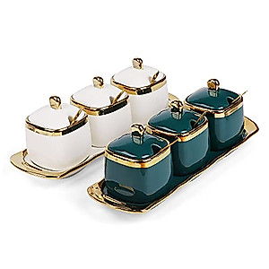 Fvstar Ceramic Sugar Bowls 3pcs Porcelain Spice Pots Salt Containers Condiment Jar Seasoning Storage Jar with Spoon and Tray,Sugar Jar for Kitchen,Coffee Bar, Countertop(White)