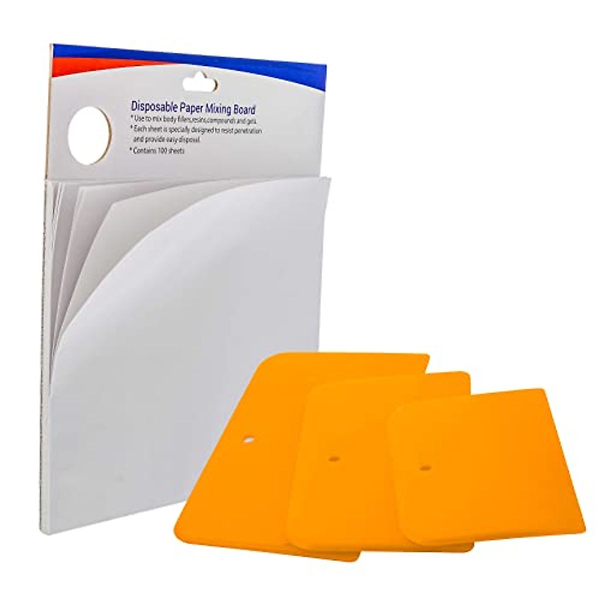 Custom Shop Multi-Layered Disposable Paper Body Filler Mixing Board Sheets (100 Sheets) with 4, 5, & 6 Inch Body Filler Spreaders for Automotive Body Fillers, Putties and Glazes