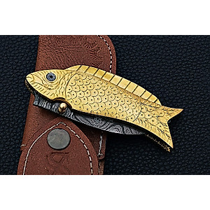 Smart & Sharp Custom Handmade Damascus Steel Fish Knife/Folding Knife/Pocket Knife SS-17370(Brass Engraved Handle) (brass)