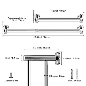 Adjustable 16 to 27.6 Inch Double Bath Towel Bar, ZUEXT Chrome Finished Stainless Steel Towel Holder Hanger, Wall Mount Expandable Hand Towel Rod for Bathroom Kitchen, 1" Tube Towel Rail Rack w/Hooks