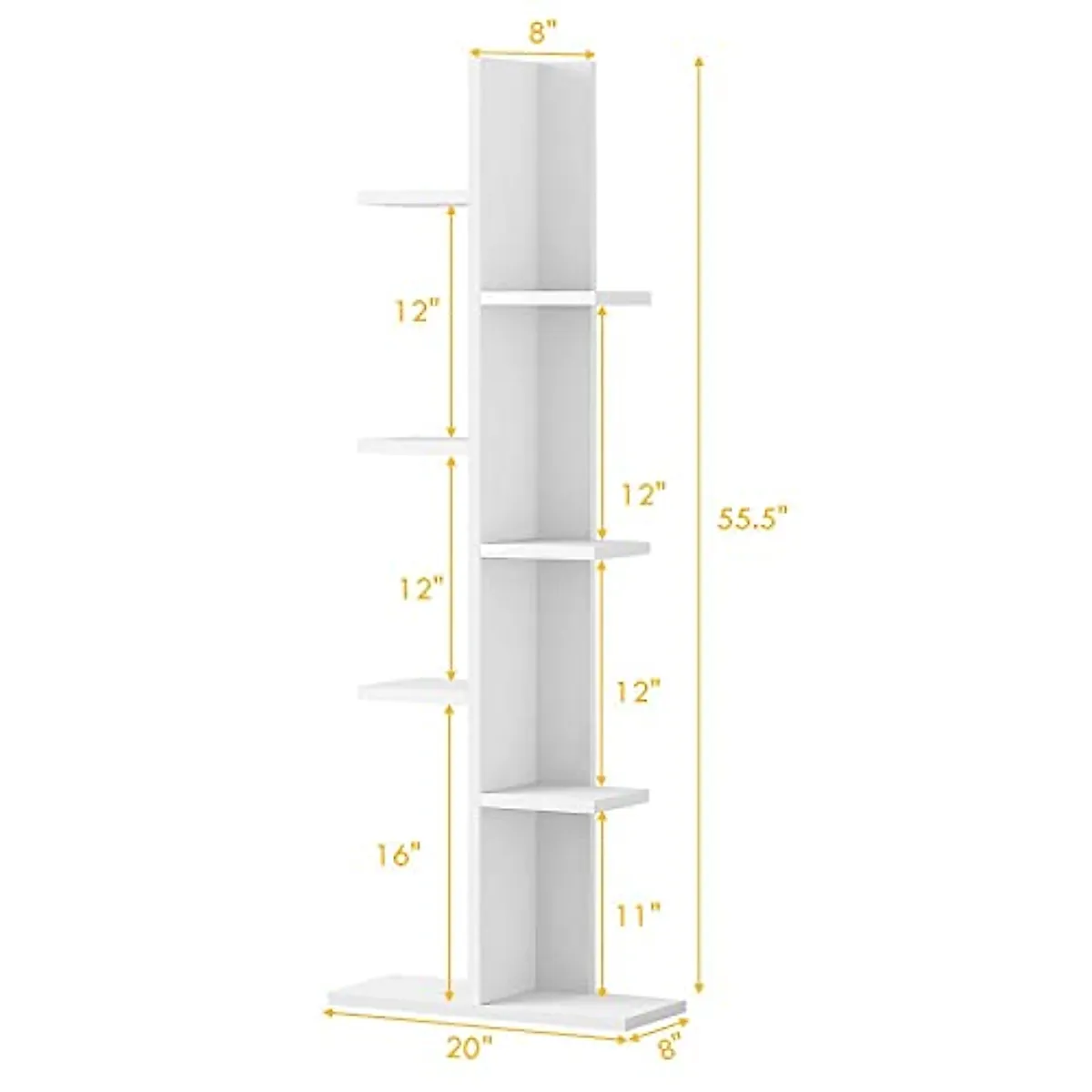 Tangkula 8 Shelf Bookshelf, Wooden Tree Bookcase with 8 Book Shelf, 20”L x 8”W x 55.5”H, Freestanding 8 Tier Storage Display Shelf with Anti-toppling, Corner Shelf for Living Room Home Office (White)