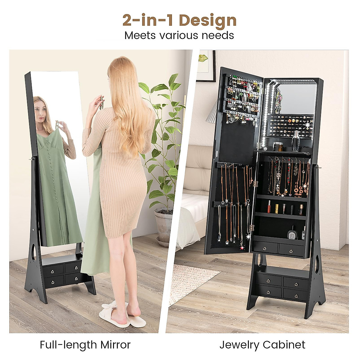 LOKO Freestanding Jewelry Cabinet with LED Light Strip, Lockable Jewelry Armoire w/ 3 Adjustable Angle, Foldable Organizer Storage w/High Full Length Mirror for cloakroom bedroom living room (Black)