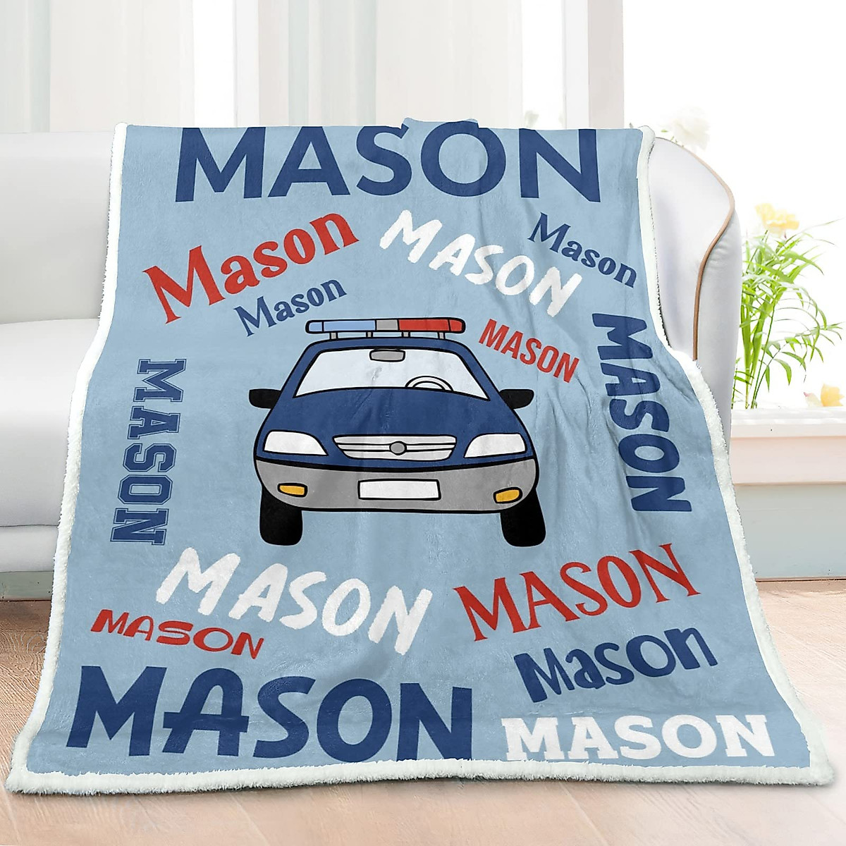 Deven Police Car Text Personalized Sherpa Fleece Baby Blankets for Boys,Girls,Receiving Blanket