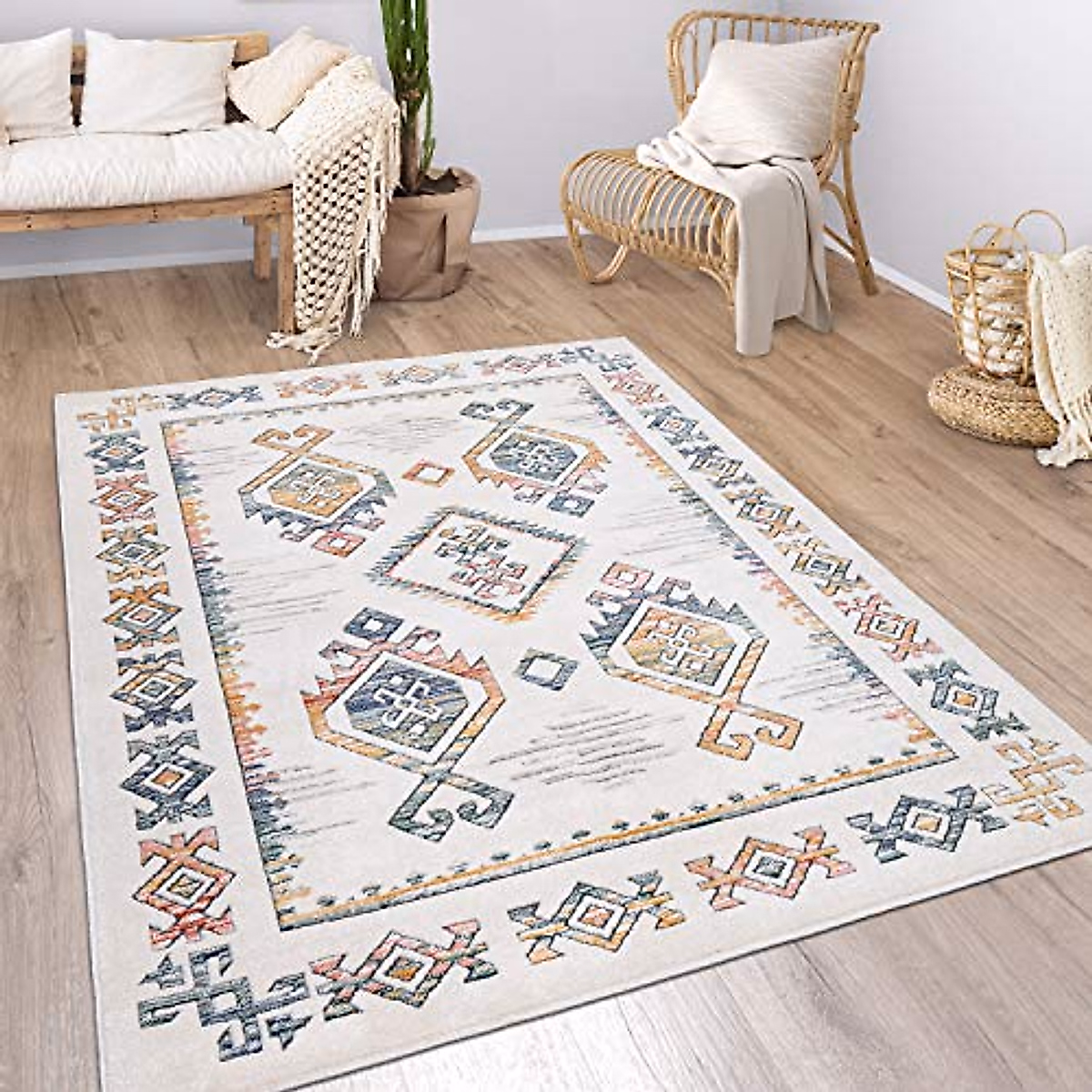 Ethnic Design Area Rug in Beige with Colorful Boho Pattern, Size: 3'11" x 5'7"