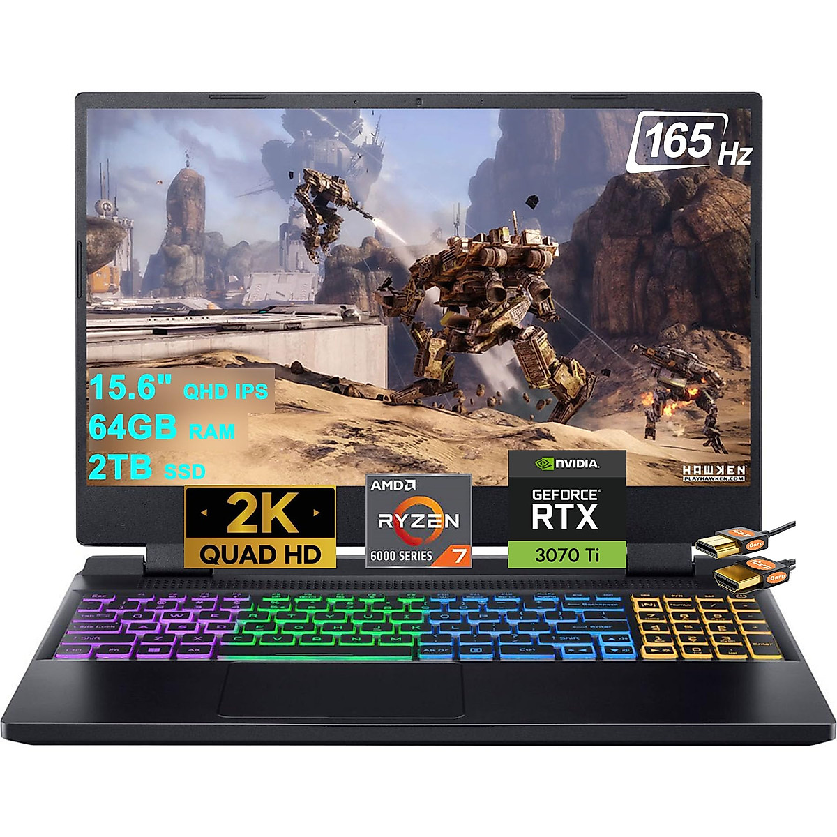 Acer Nitro 5 15 Gaming Laptop 15.6" QHD IPS 165Hz (300 nits 100% DCI-P3) AMD Octa-core Ryzen 7 6800H (Beat i7-11370H) 64GB RAM 2TB SSD GeForce RTX3070Ti 8GB Backlit HDMI USB-C Win11 Black + HDMI Cable