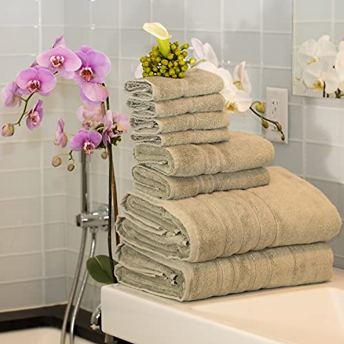 Mosobam 700 GSM Luxury Bamboo Viscose 12pc Extra Large Bathroom Set, Seagrass Green, 4 Bath Towels Sheets 35X70 4 Hand Towels 16X30 4 Face Washcloths 13X13, Turkish Towel Sets, Quick Dry