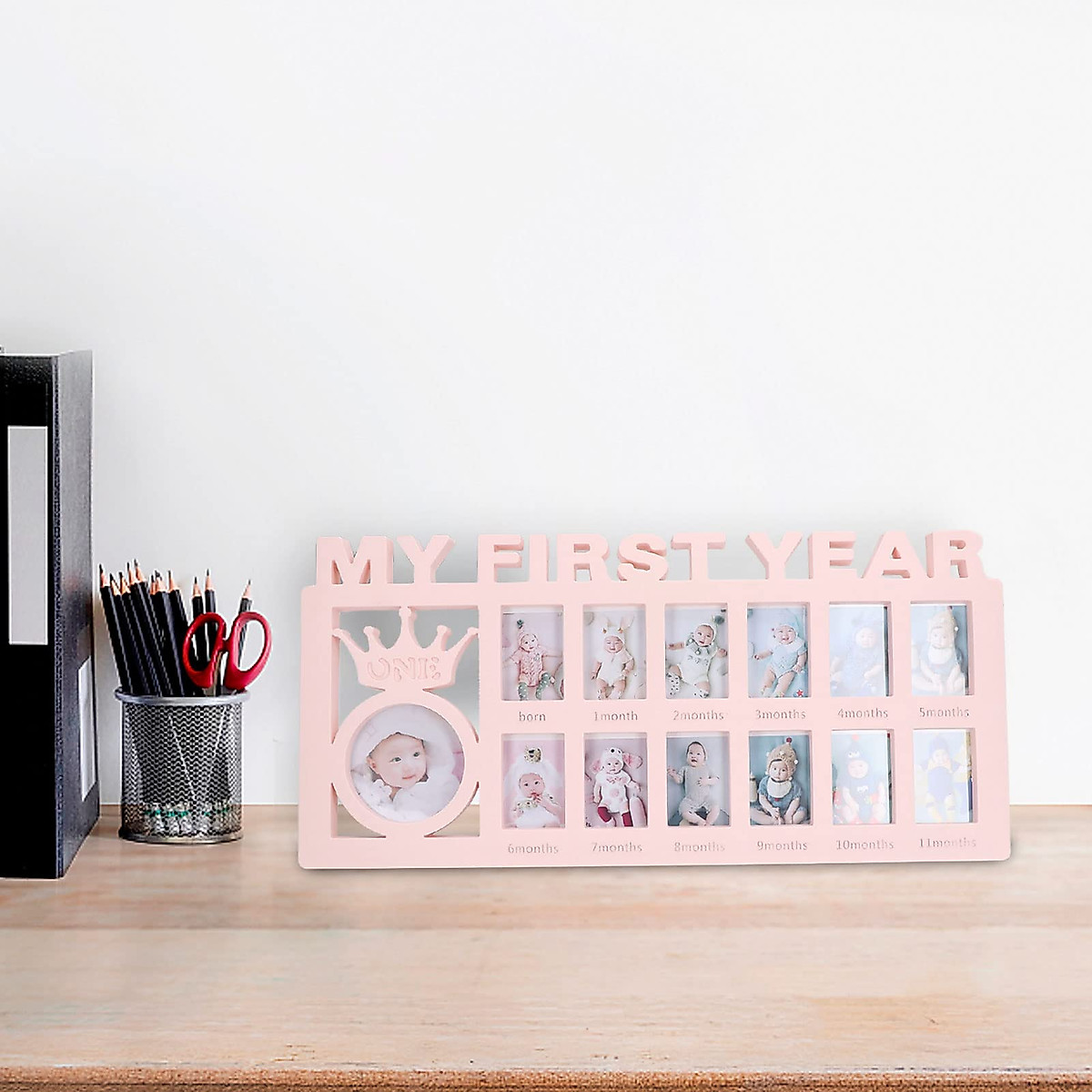 CHICIRIS Newborn Baby First Year Picture Frame with 12 Month Slots, Baby Monthly Collage Keepsake Frame for Photo Memories, White(pink)