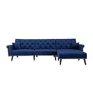 Cotoala L-Shape Convertible Sectional Sleeper Sofa with 2 Pillows, Adjustable Back, Modern Velvet Couch with Lounge Chairs, for Living Room, Office, Blue