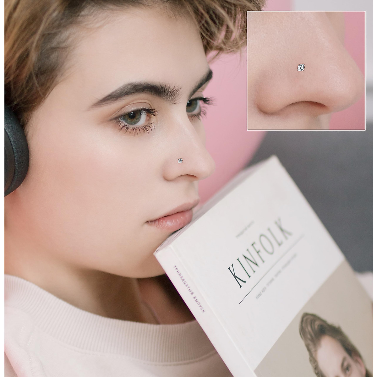 Enticera 2mm G23 Titanium Nose Rings Studs for Sensitive Skin 20g Handmade Small L Shaped Nose Rings for Women Men Round CZ Nose Piercing Jewelry White