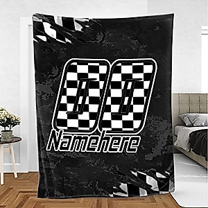 Custom Racing Checkered Flag Sport Lover Gift Personalized Name Number Soft Sherpa Throw Blankets | Cozy Fuzzy Fleece Throws for TV Sofa, Couch | Comfy Fluffy Blanket Gifts for Men Women 50 x 60