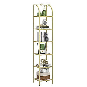 Hzuaneri Bookcase Bookshelf, Tempered Glass Arched Bookshelf for More Storage, Slim Shelving Unit for Bedroom, Bathroom, Home Office, Steel Frame, 6 Tier Gold BC20699G