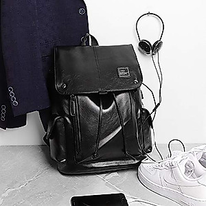 Fashion Men's PU Leather Backpack Business Laptop Bag with USB Simple High-Capacity Bag Students School Daypack for Gifts (Black)